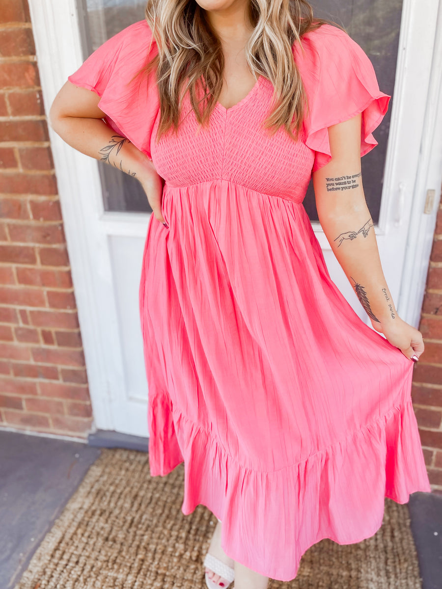 Coral Burst Midi Dress – Henhouse Shoppe