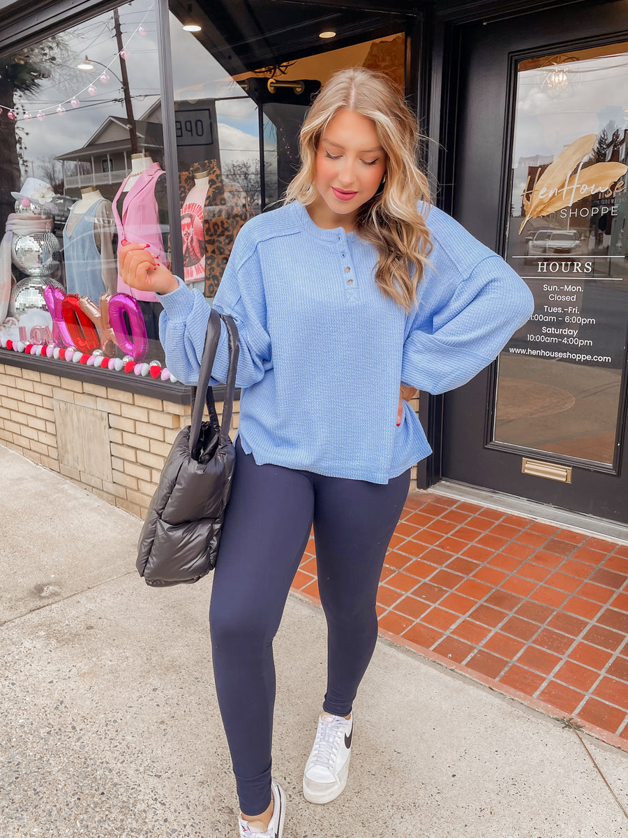 The Erin Henley Top in baby blue – Henhouse Shoppe